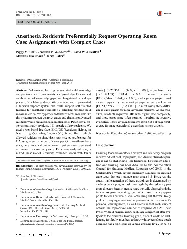 (PDF) Anesthesia Residents Preferentially Request Operating Room Case ...