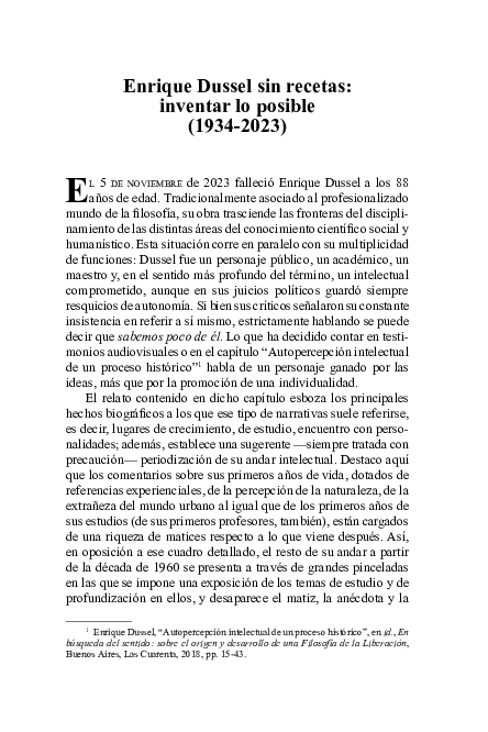 (PDF) Enrique Dussel sin recetas: inventar lo posible (1934-2023)