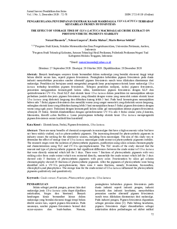 (PDF) PENGARUH LAMA PENYIMPANAN EKSTRAK KASAR MAKROALGA Ulva lactuca TERHADAP KESTABILAN PIGMEN ...
