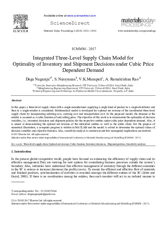 Pdf Integrated Three Level Supply Chain Model For Optimality Of Inventory And Shipment