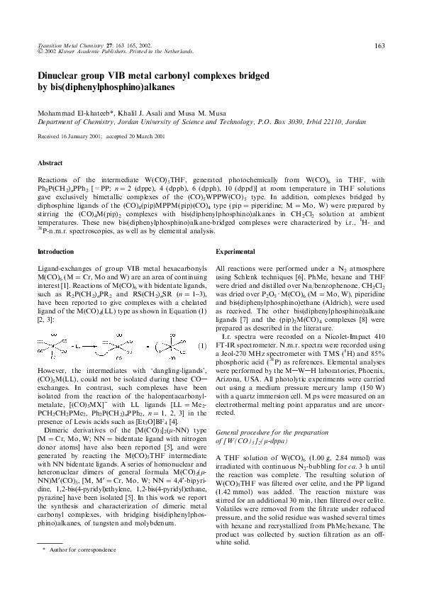 (PDF) Dinuclear group VIB metal carbonyl complexes bridged by bis ...