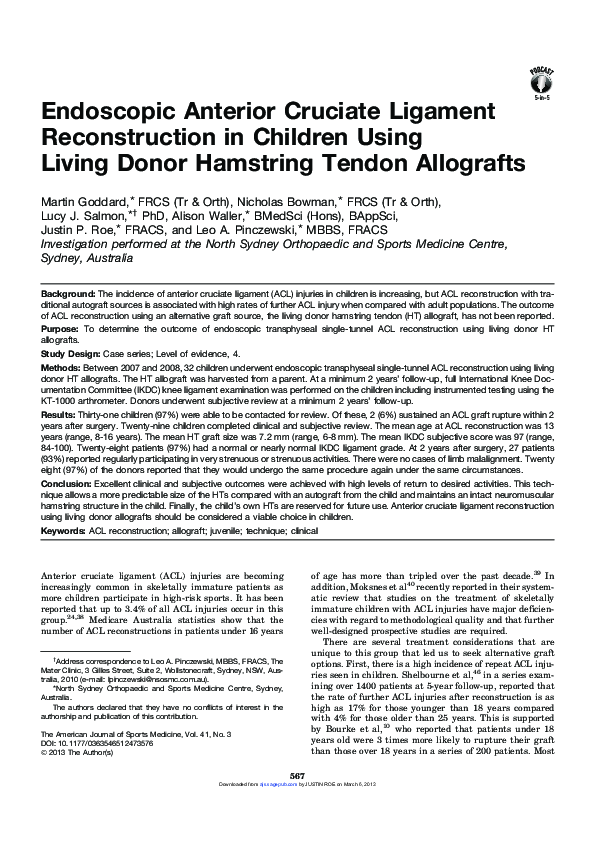(PDF) Endoscopic Anterior Cruciate Ligament Reconstruction in Children ...