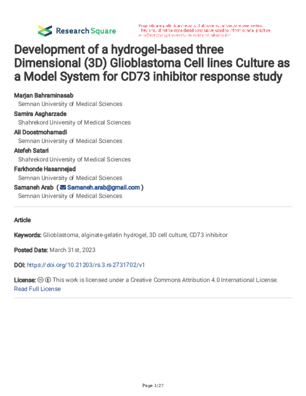 (PDF) Development of a hydrogel-based three Dimensional (3D) Glioblastoma Cell lines Culture as ...