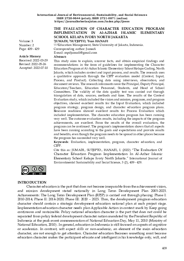 (PDF) The Evaluation of Character Education Program Implementation in Al-Azhar Islamic ...