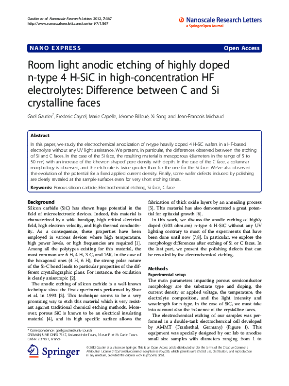 (PDF) Room light anodic etching of highly doped n-type 4 H-SiC in high ...