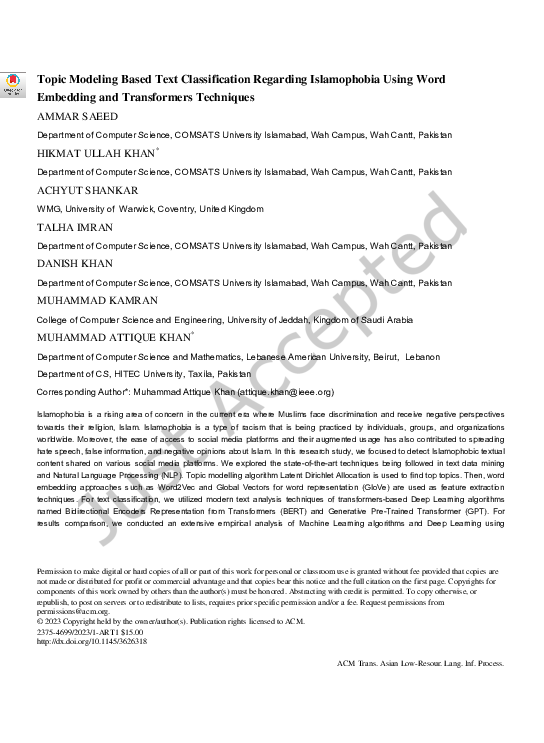 (PDF) Topic Modeling based Text Classification Regarding Islamophobia using Word Embedding and ...