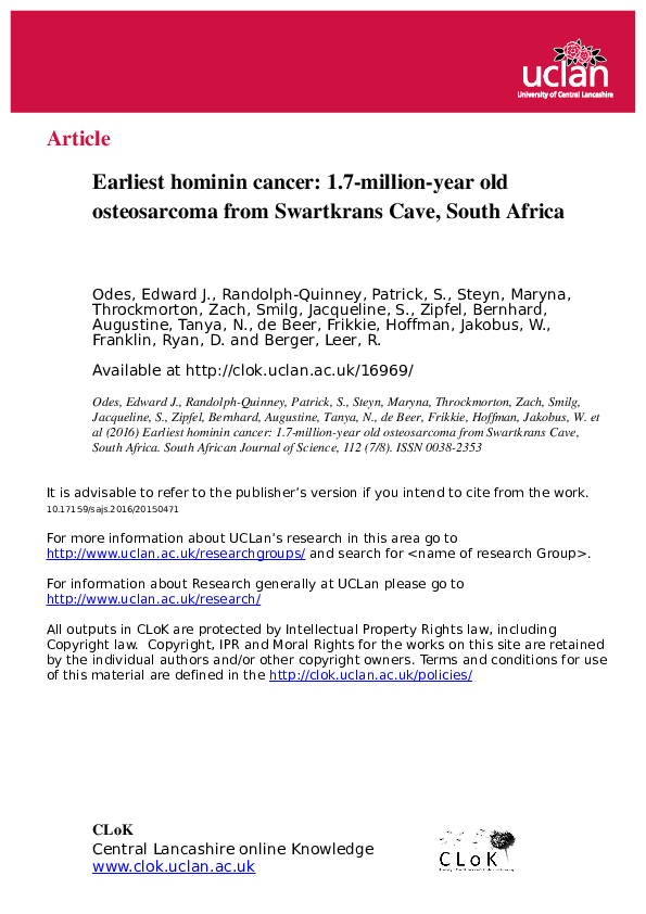 (PDF) Earliest hominin cancer: 1.7-million-year-old osteosarcoma from ...