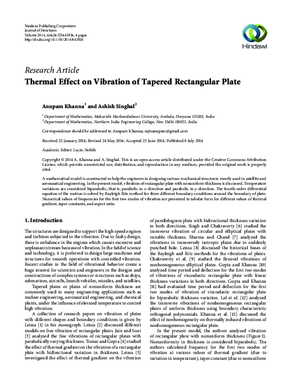(PDF) Thermal Effect on Vibration of Tapered Rectangular Plate