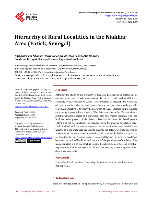 (PDF) Hierarchy of Rural Localities in the Niakhar Area (Fatick, Senegal)