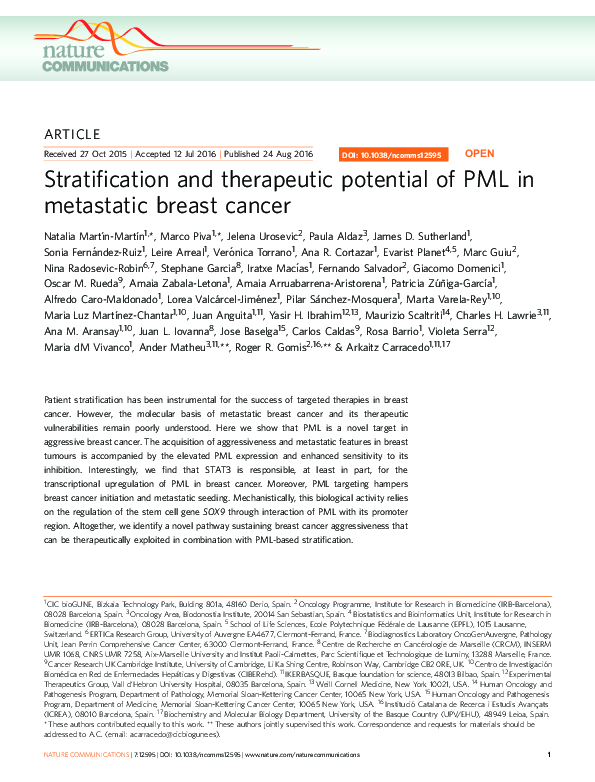 (PDF) Stratification and therapeutic potential of PML in metastatic ...
