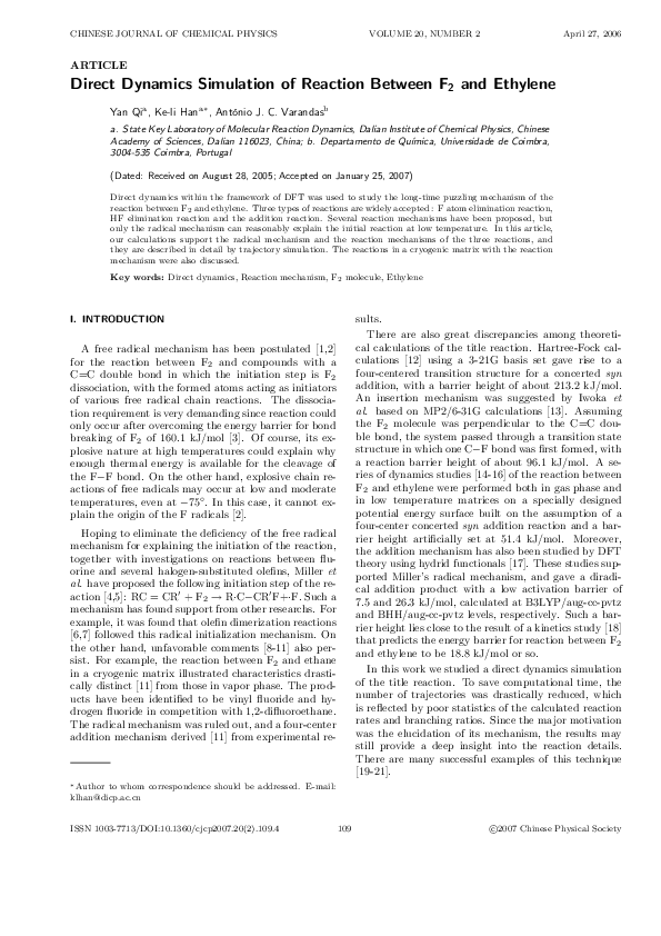 (PDF) Direct dynamics simulation of reaction between F2 and ethylene