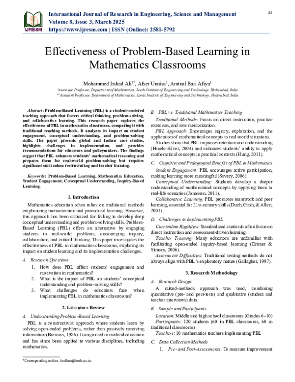 (PDF) Effectiveness of Problem-Based Learning in Mathematics Classrooms