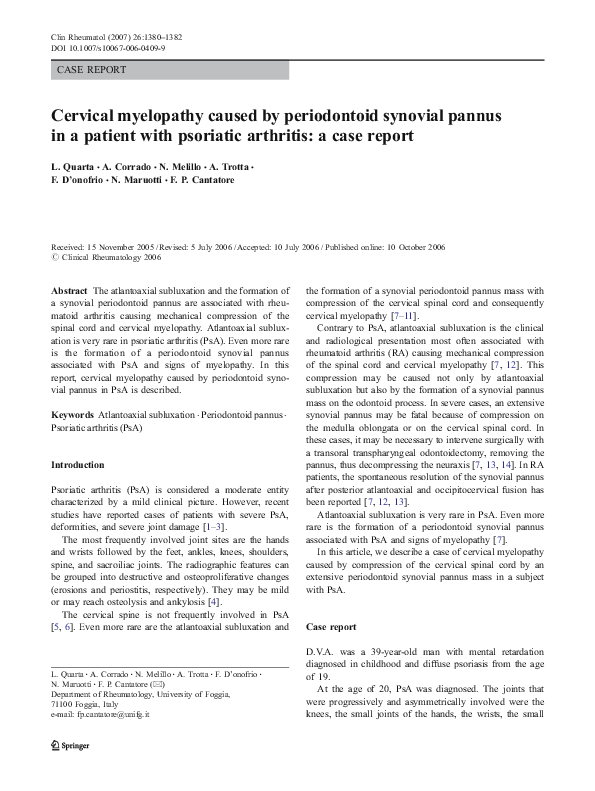 (PDF) Cervical myelopathy caused by periodontoid synovial pannus in a ...