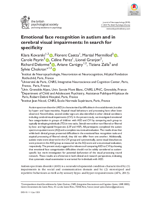 (PDF) Emotional face recognition in Autism and in Cerebral Visual ...