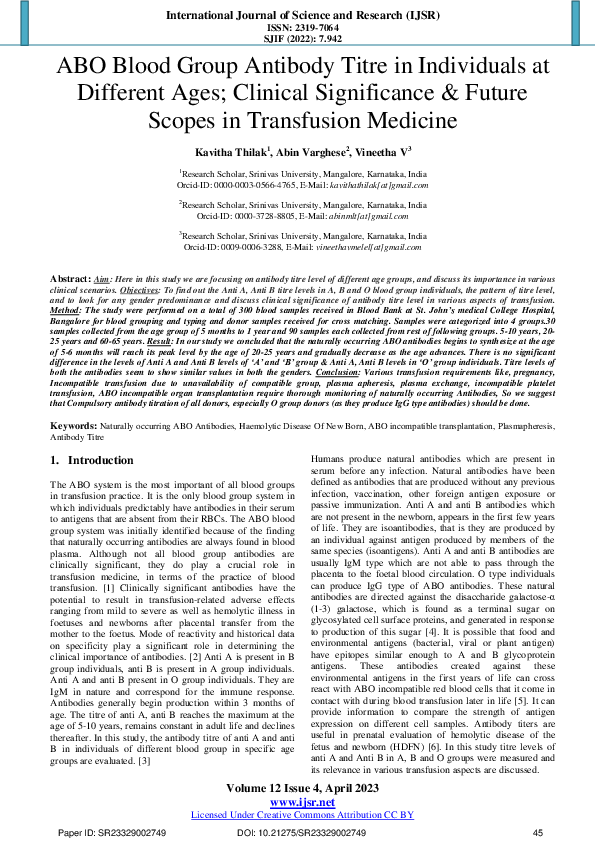 (PDF) ABO Blood Group Antibody Titre in Individuals at Different Ages ...
