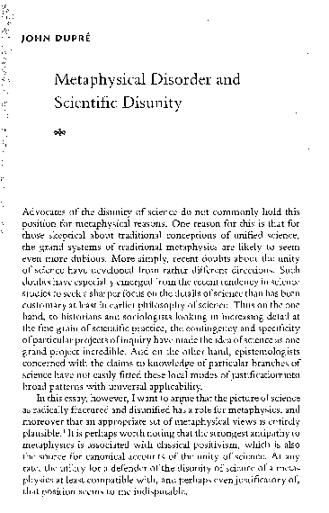 (PDF) Metaphysical disorder and scientific disunity