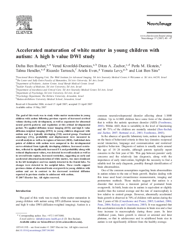 (PDF) Accelerated maturation of white matter in young children with autism: A high b value DWI study