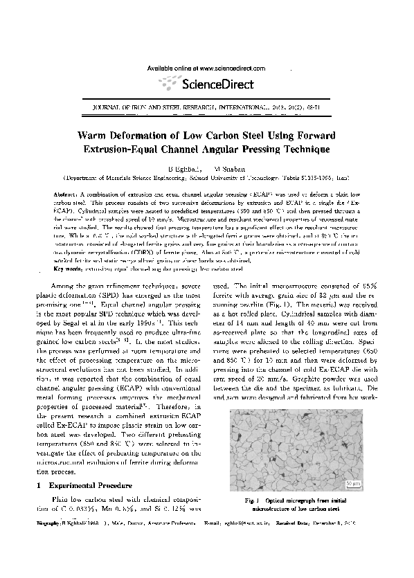 (PDF) Warm Deformation of Low Carbon Steel Using Forward Extrusion-Equal Channel Angular ...