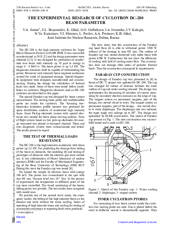 (PDF) The Experimental Research of Cyclotron DC-280 Beam Parameters