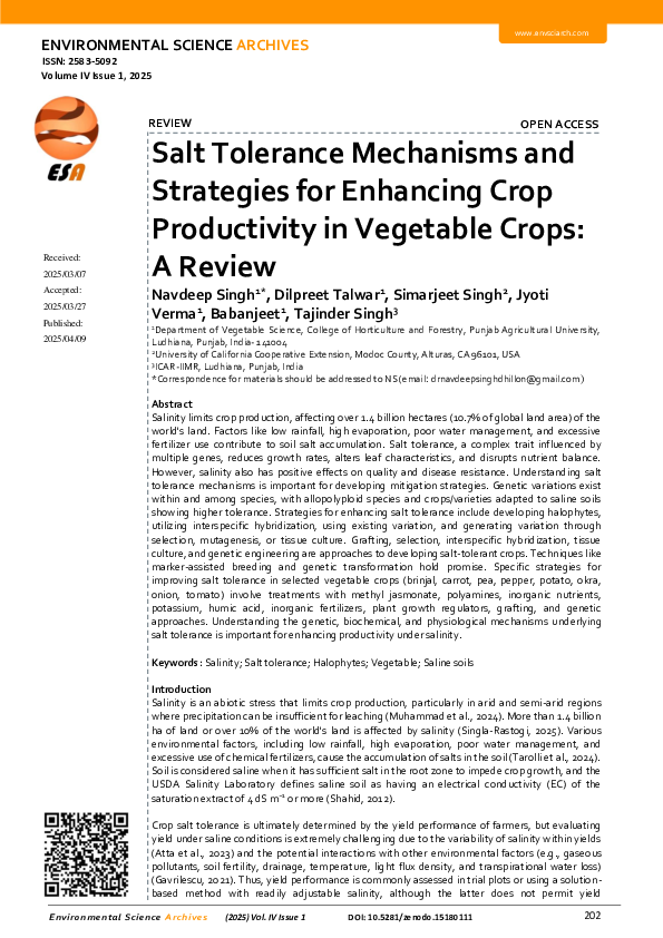 (PDF) Salt Tolerance Mechanisms and Strategies for Enhancing Crop Productivity in Vegetable ...