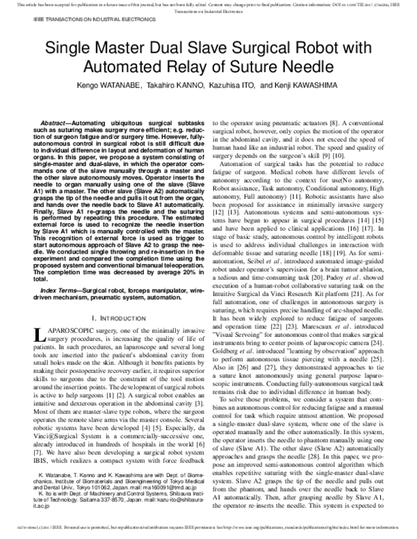 (PDF) Single-Master Dual-Slave Surgical Robot With Automated Relay of Suture Needle