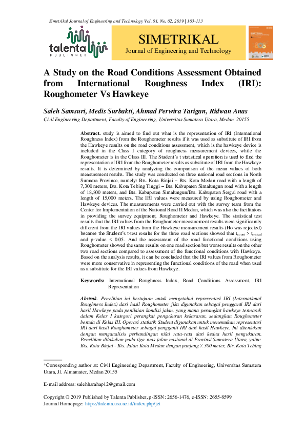 (PDF) A Study on the Road Conditions Assessment Obtained from ...