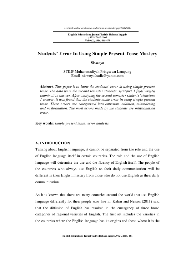 (PDF) Students’ Error In Using Simple Present Tense Mastery