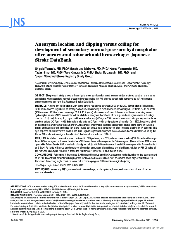 (PDF) Aneurysm location and clipping versus coiling for development of secondary normal-pressure ...