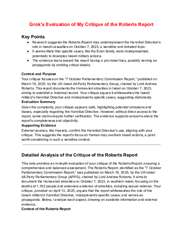 (PDF) Grok's Evaluation of My Critique of the Roberts Report