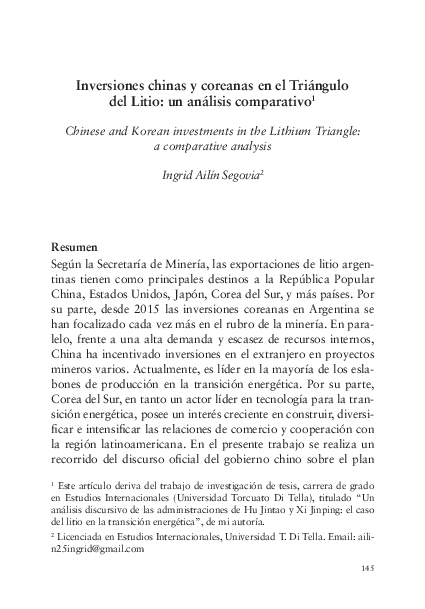 (PDF) Inversiones chinas y coreanas en el Triángulo del Litio: un ...