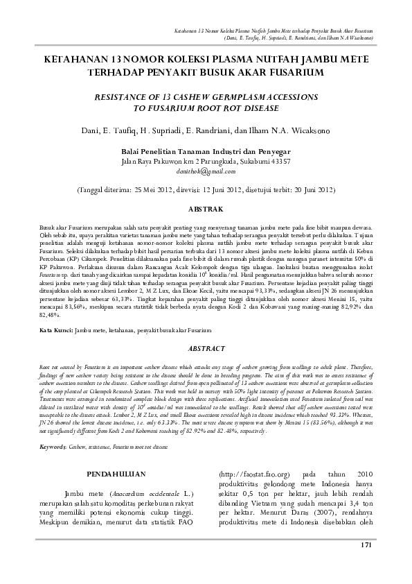 (PDF) Ketahanan 13 Nomor Koleksi Plasma Nutfah Jambu Mete terhadap ...