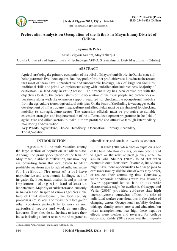 (PDF) Preferential Analysis on Occupation of the Tribals in Mayurbhanj ...