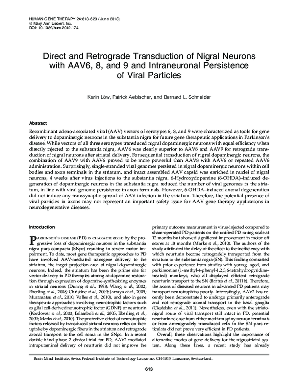 (PDF) Direct and Retrograde Transduction of Nigral Neurons with AAV6, 8, and 9 and Intraneuronal ...