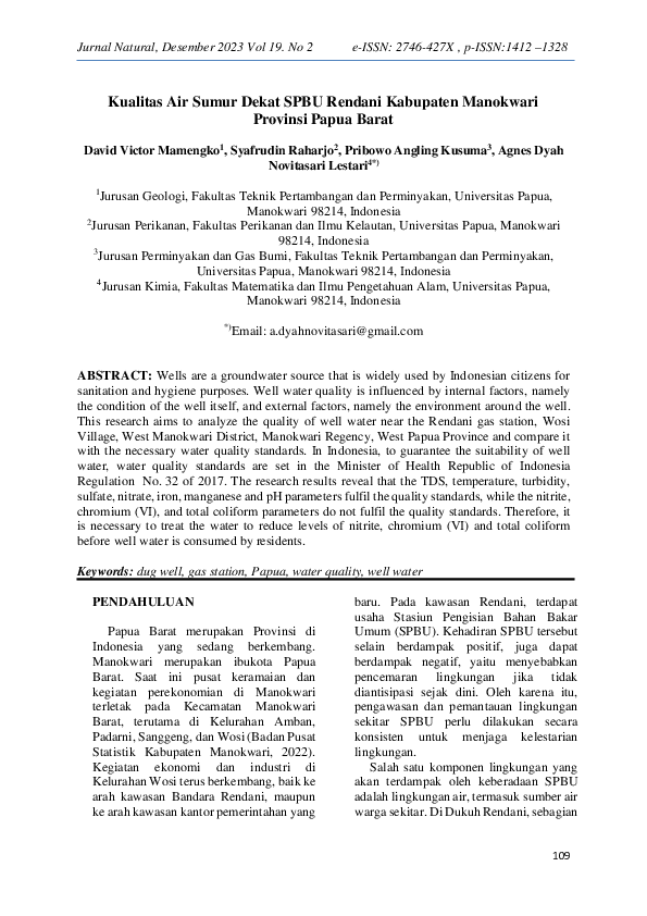 (PDF) Kualitas Air Sumur Dekat SPBU Rendani Kelurahan Wosi Kecamatan Manokwari Barat Kabupaten ...