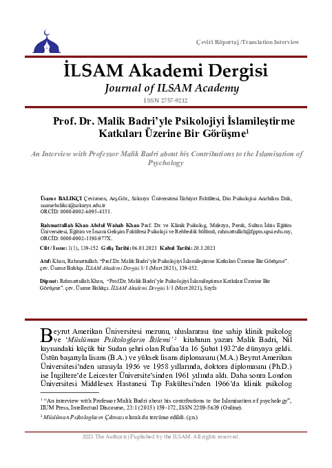 (PDF) Prof. Dr. Malik Badri’yle Psikolojiyi İslamileştirme Katkıları ...