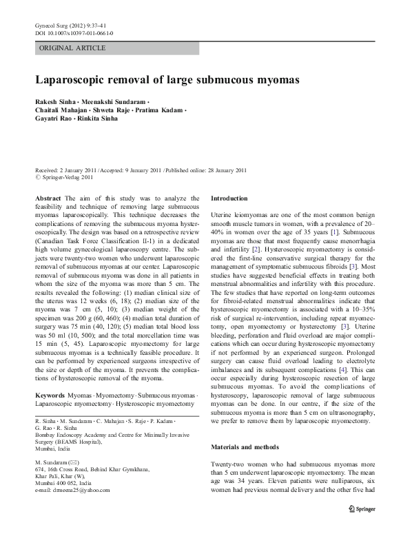 (PDF) Laparoscopic removal of large submucous myomas