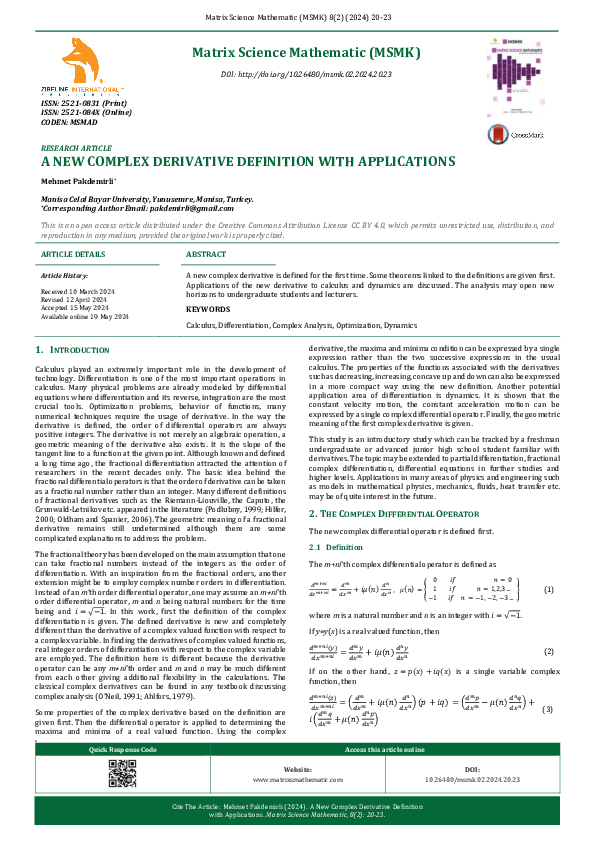 (PDF) A New Complex Derivative with Applications