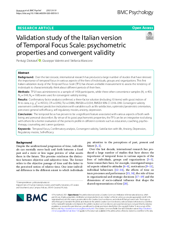 (PDF) Validation study of the Italian version of Temporal Focus Scale ...