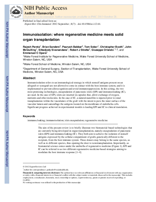 (PDF) Immunoisolation: where regenerative medicine meets solid organ ...