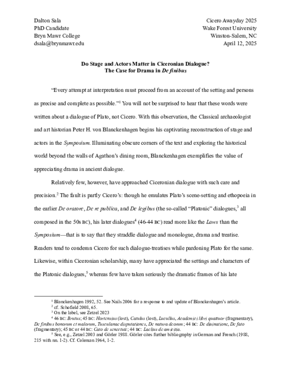 (PDF) Do Stage and Actors Matter in Ciceronian Dialogue? The Case for Drama in De finibus