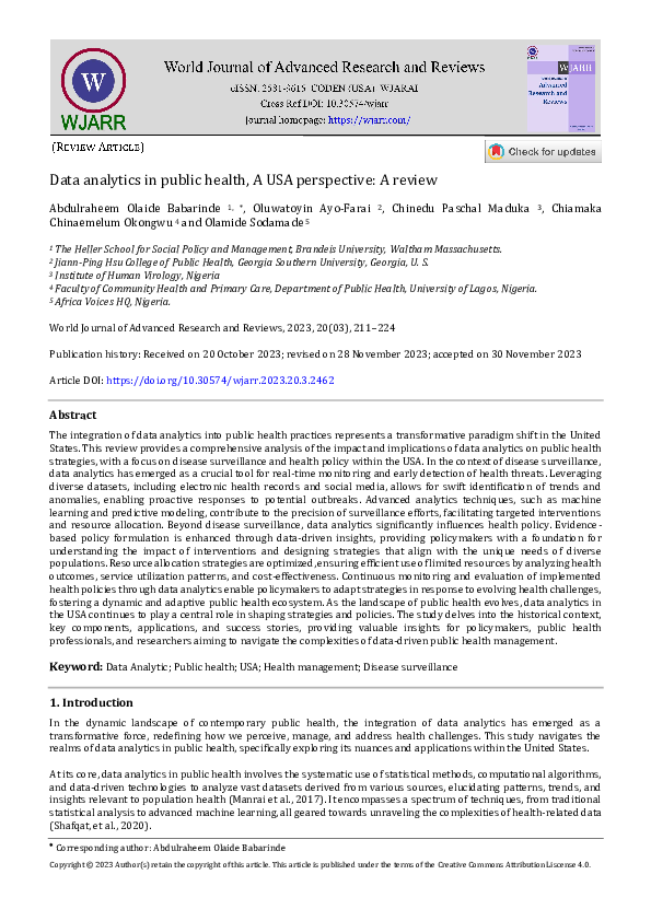 (PDF) Data analytics in public health, A USA perspective: A review