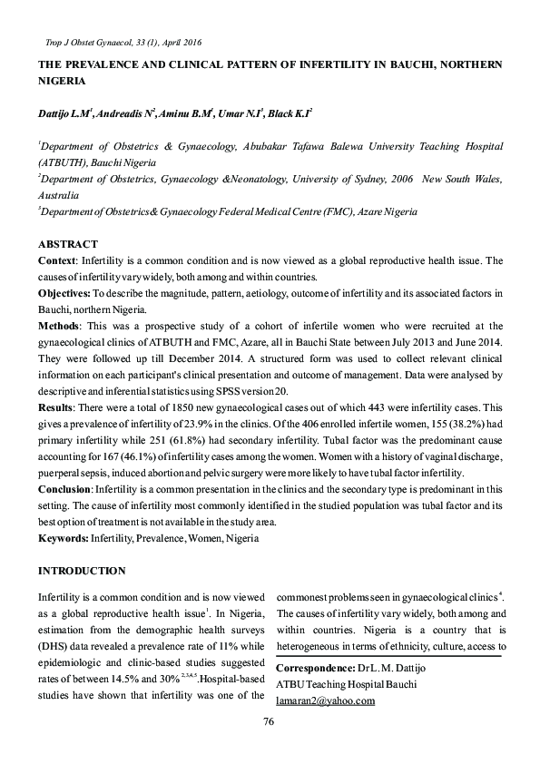 (PDF) The prevalence and clinical pattern of infertility in Bauchi ...