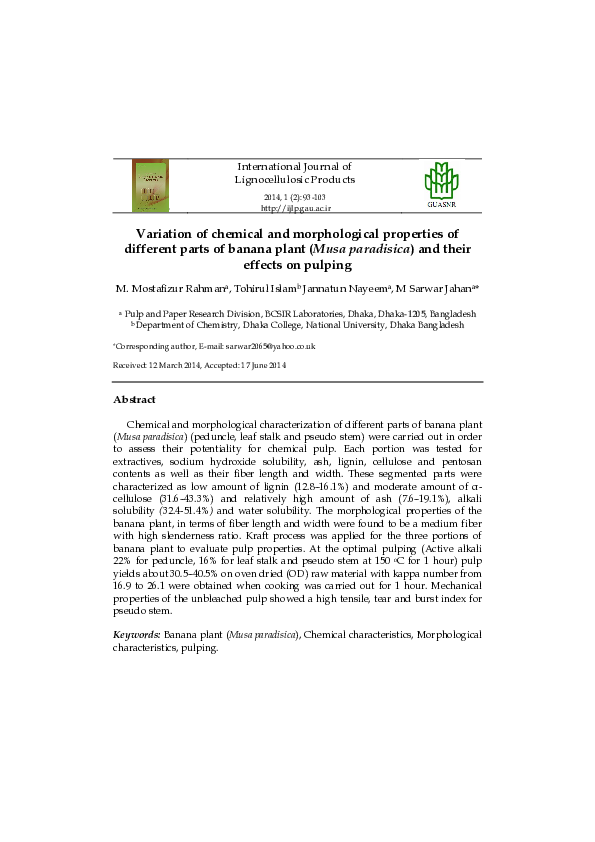 (PDF) Variation of chemical and morphological properties of different parts of banana plant ...