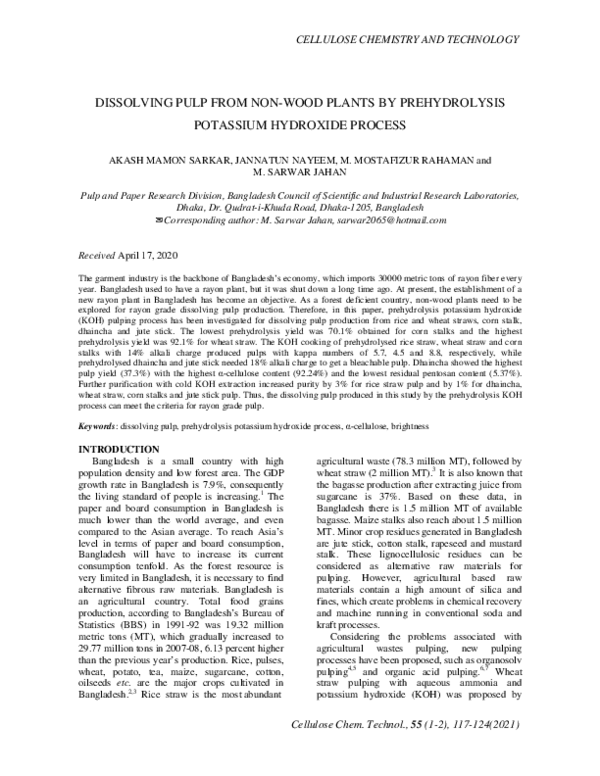 (PDF) Dissolving Pulp from Non-Wood Plants by Prehydrolysispotassium ...