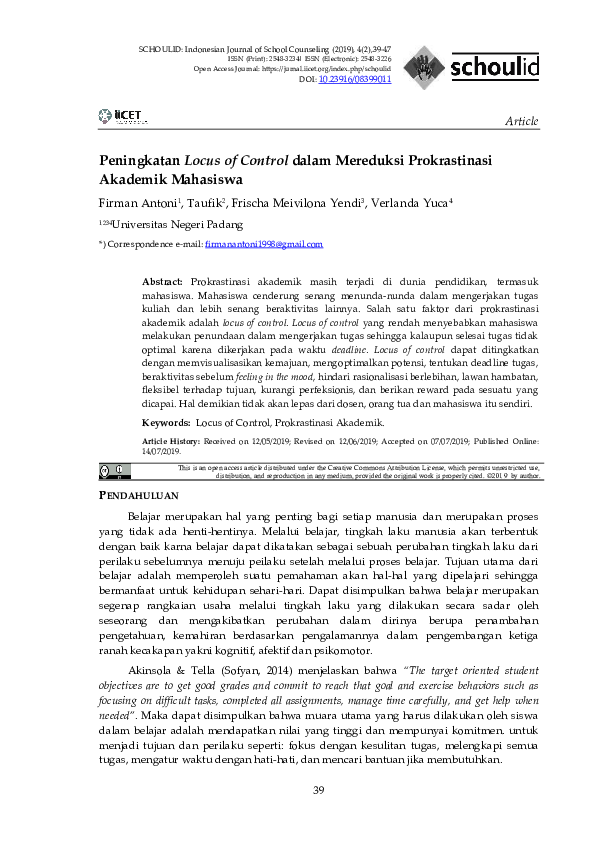 (PDF) Peningkatan Locus of Control dalam Mereduksi Prokrastinasi Akademik Mahasiswa