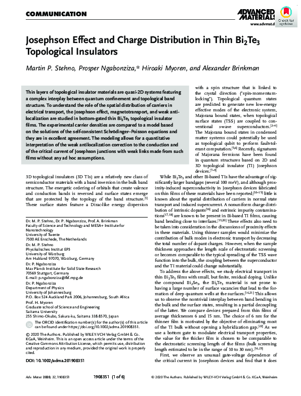 (PDF) Josephson Effect and Charge Distribution in Thin Bi 2 Te 3 Topological Insulators