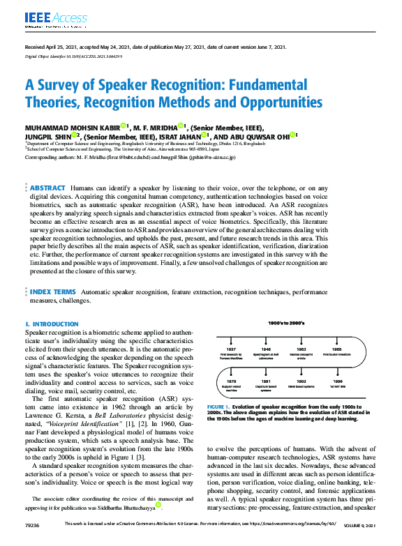(PDF) A Survey of Speaker Recognition: Fundamental Theories, Recognition Methods and Opportunities