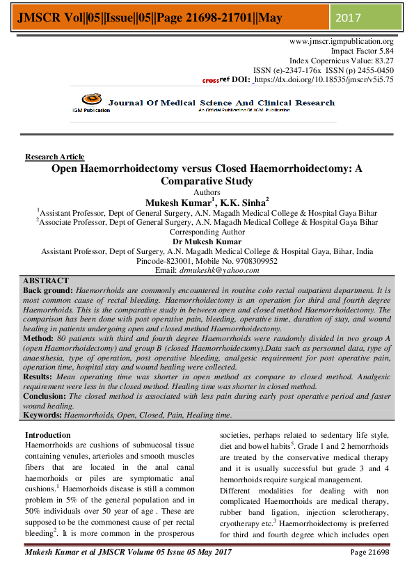 (PDF) Open Haemorrhoidectomy versus Closed Haemorrhoidectomy: A ...