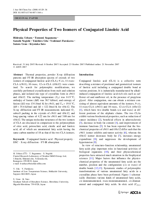 (PDF) Physical Properties of Two Isomers of Conjugated Linoleic Acid