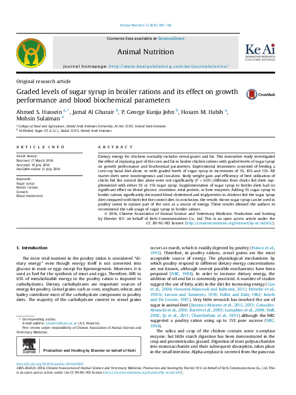 (PDF) Graded levels of sugar syrup in broiler rations and its effect on growth performance and ...
